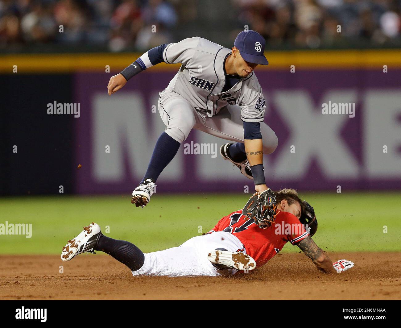 Atlanta Braves Jordan Schafer steals second base as San Diego Padres ...