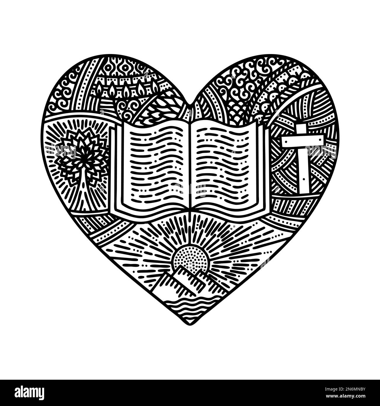 Vector doodle illustration. A hand-drawn heart, the Bible, the journey ...