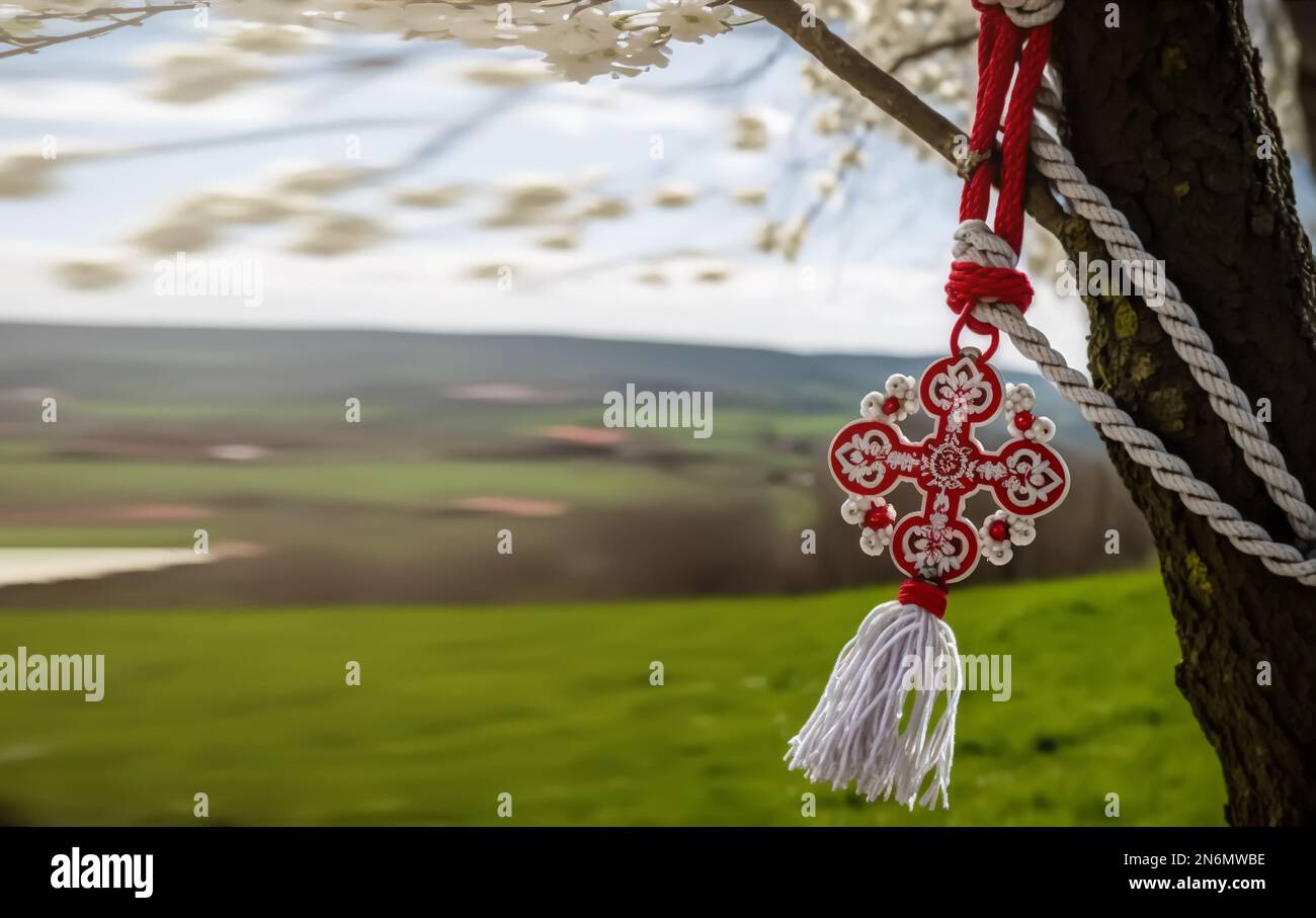 martenitza, an ethnic symbol of Martisor on tree branches against the ...