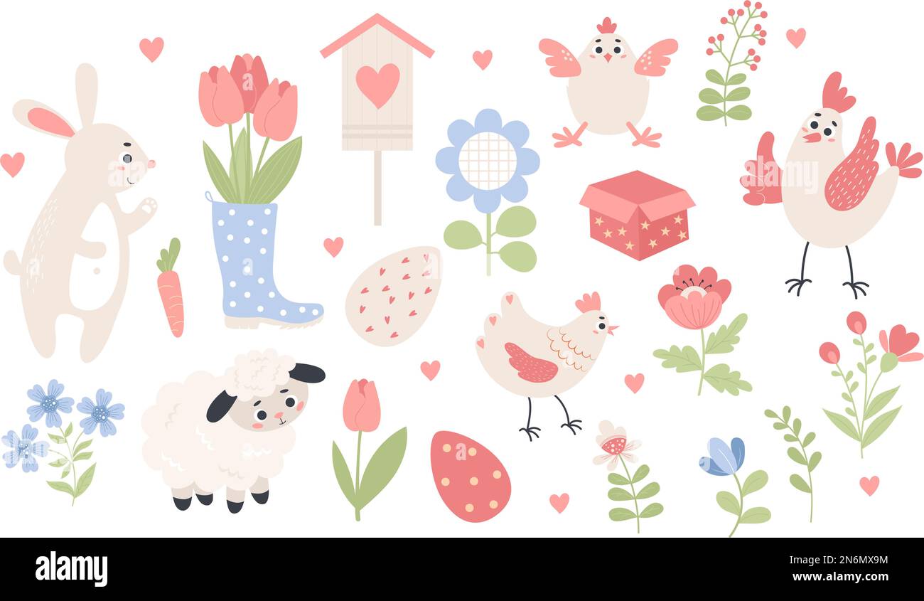 Spring Easter collection. Easter eggs, animals, insects and flowers ...