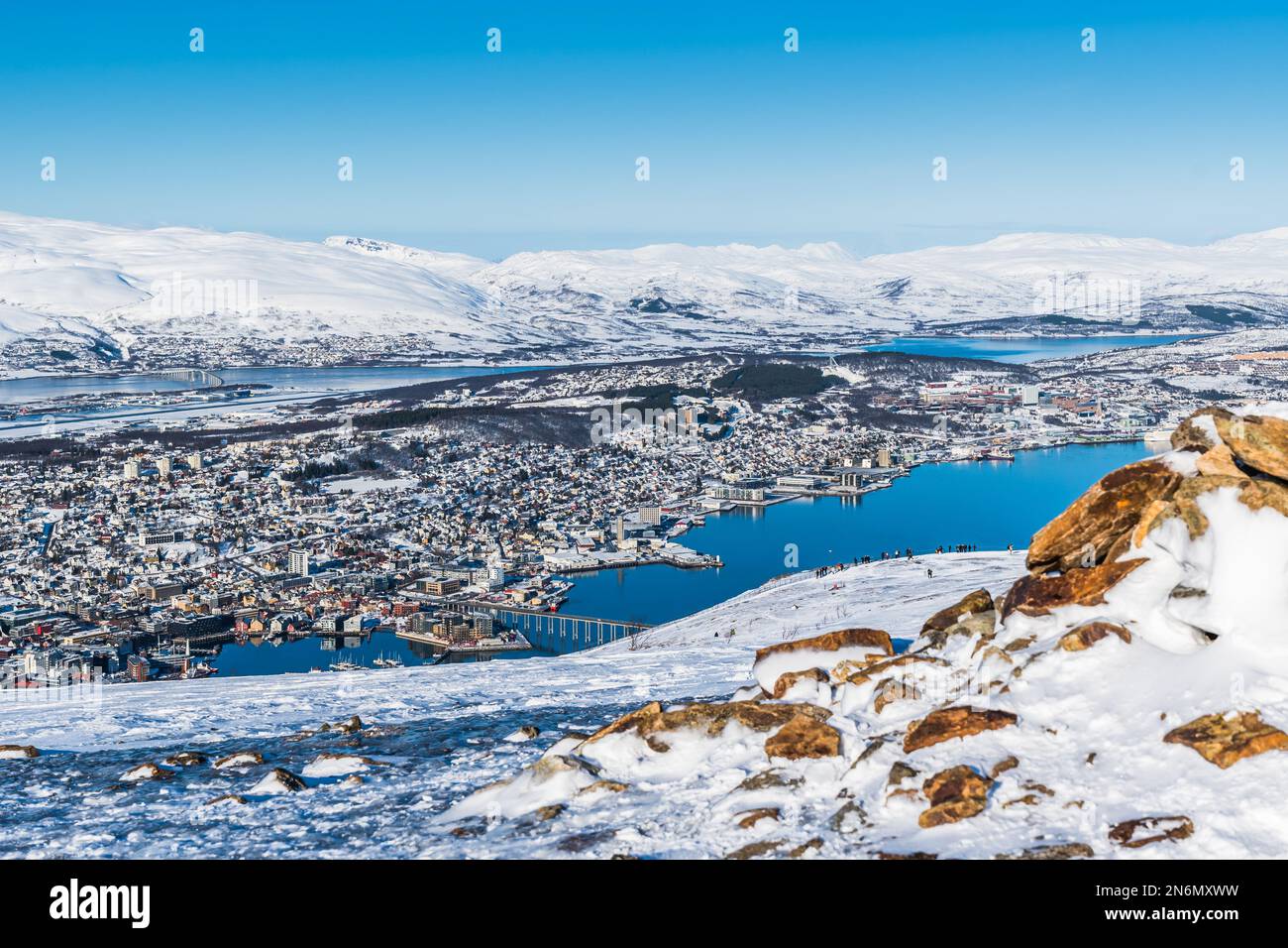 View from Mount Storsteinen on the Norwegian mountains around the city ...