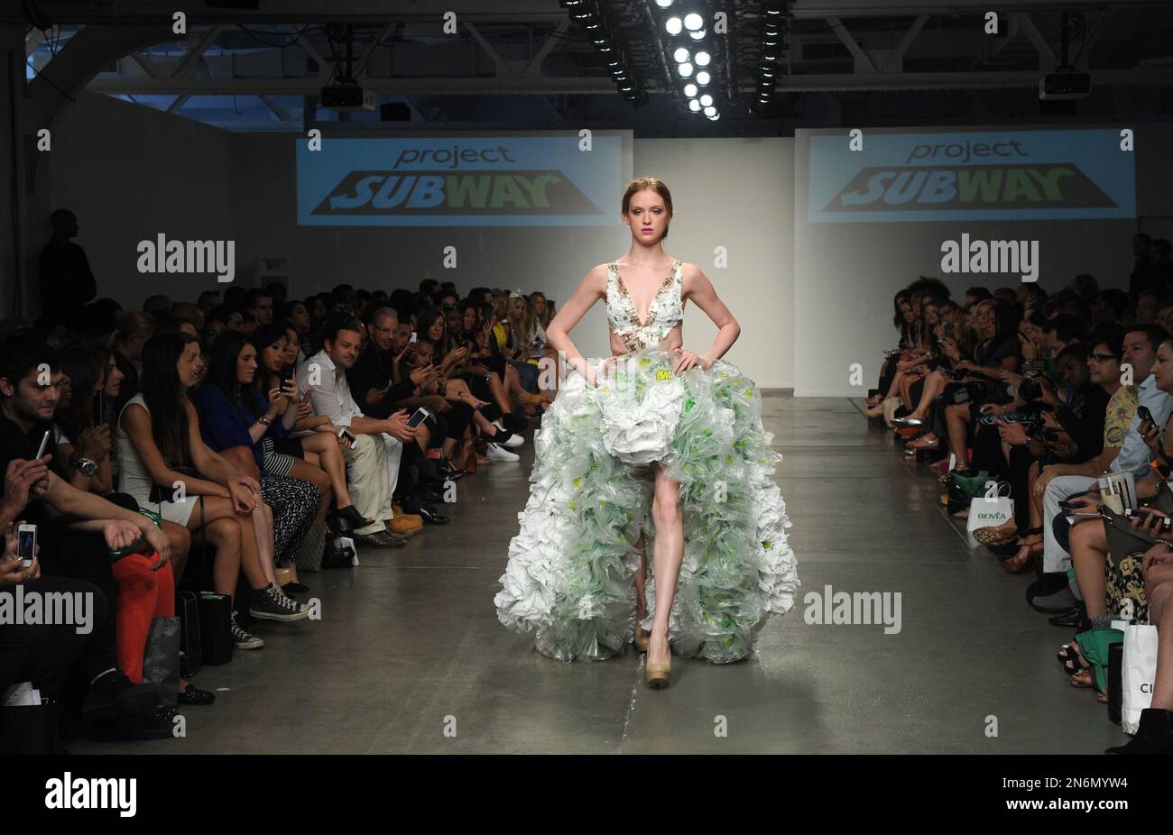 Models wear designs made of SUBWAY packaging at the “Project SUBWAY ...
