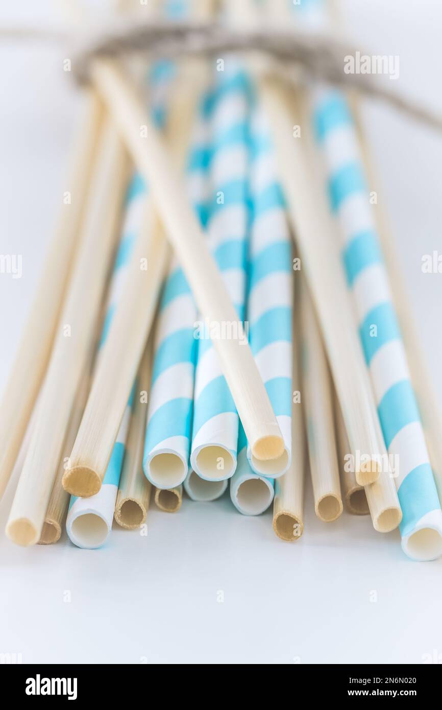 Eco tubules for drinks, straw and paper drinking straws on white ...