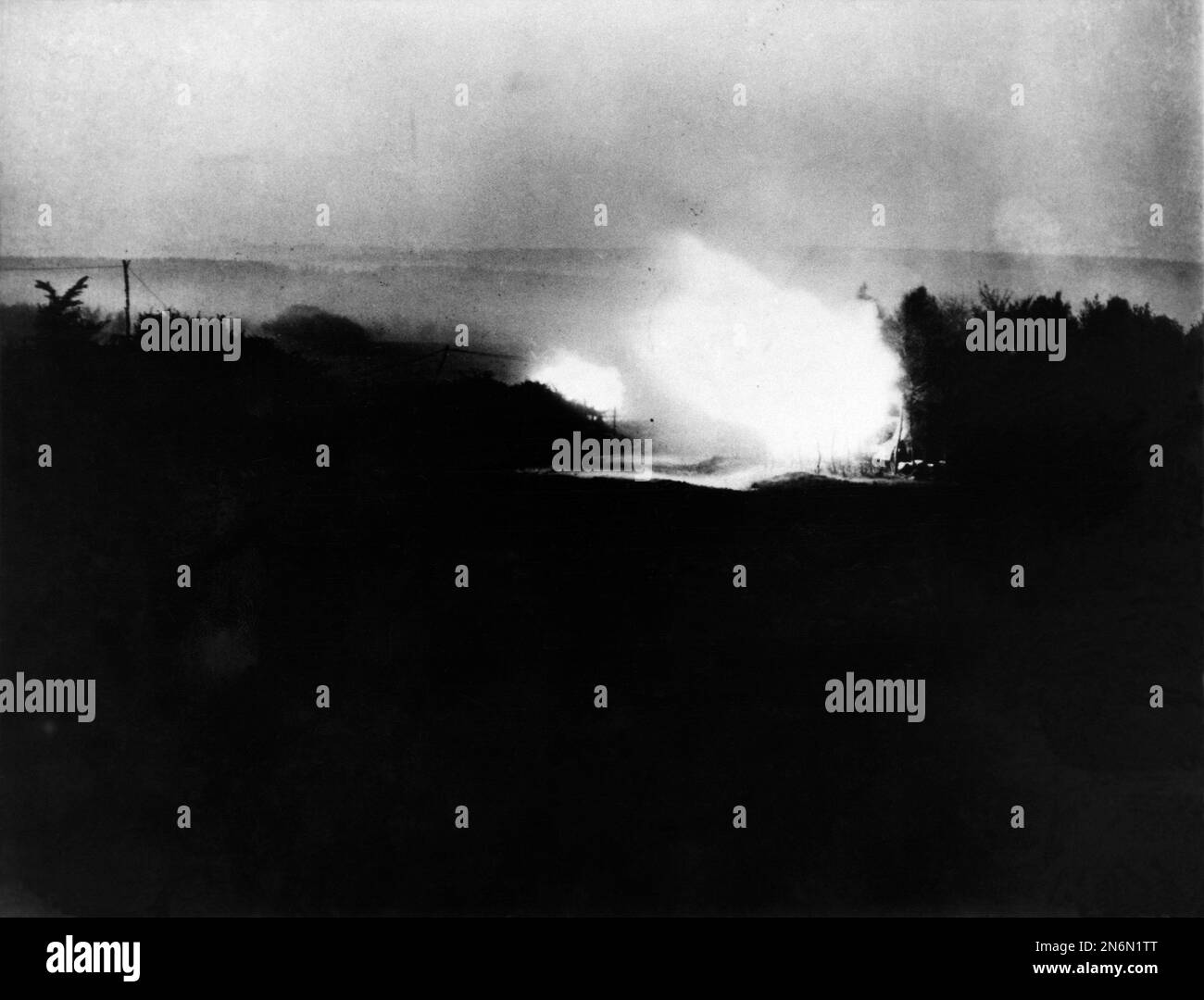 American field artillery firing barrage at night in 1918 at the Western ...