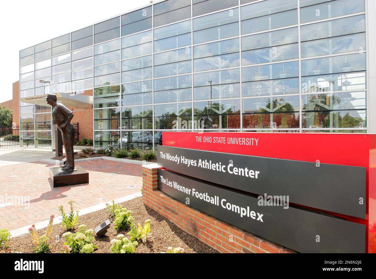 In this Aug. 30, 2013 photo, a statue of Woody Hayes stands outside the ...