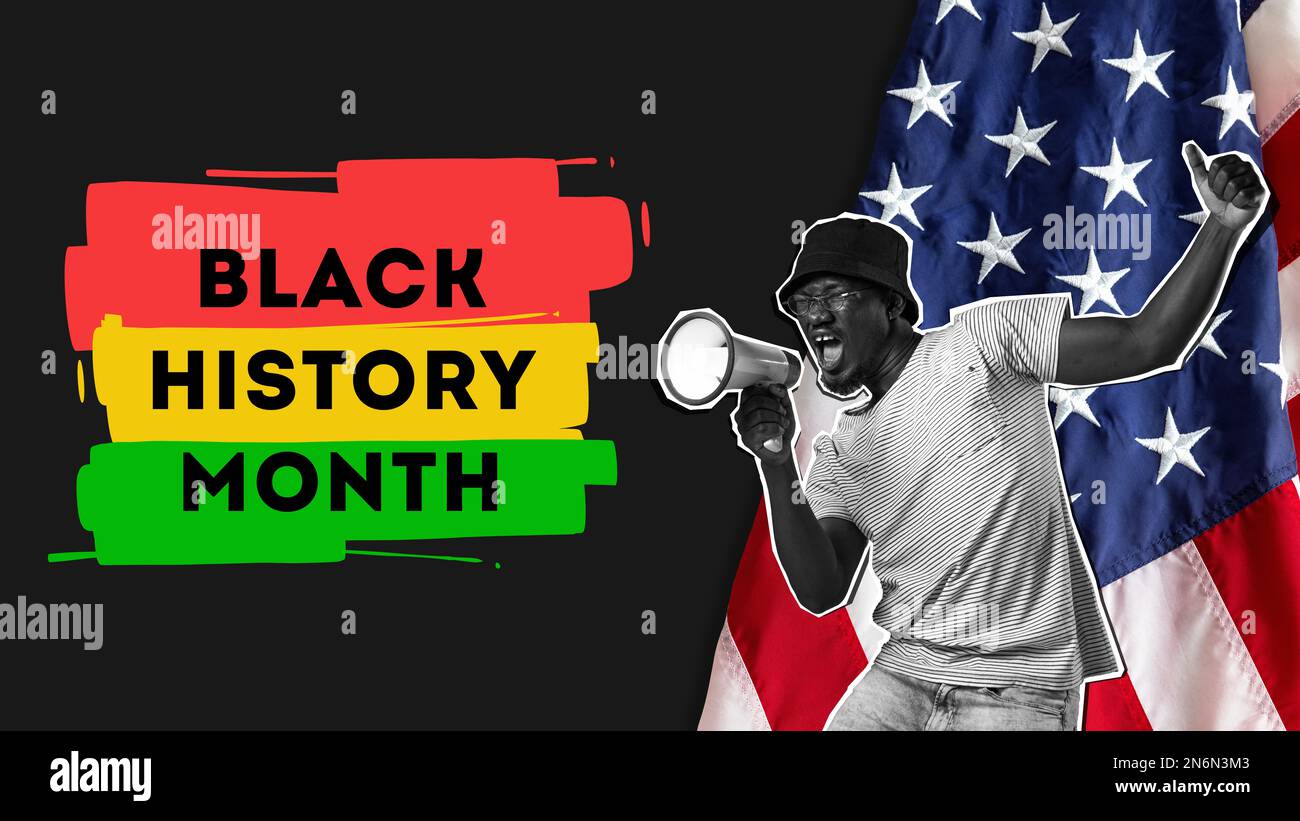 Young african-american man with megaphone over american flag. Racial ...