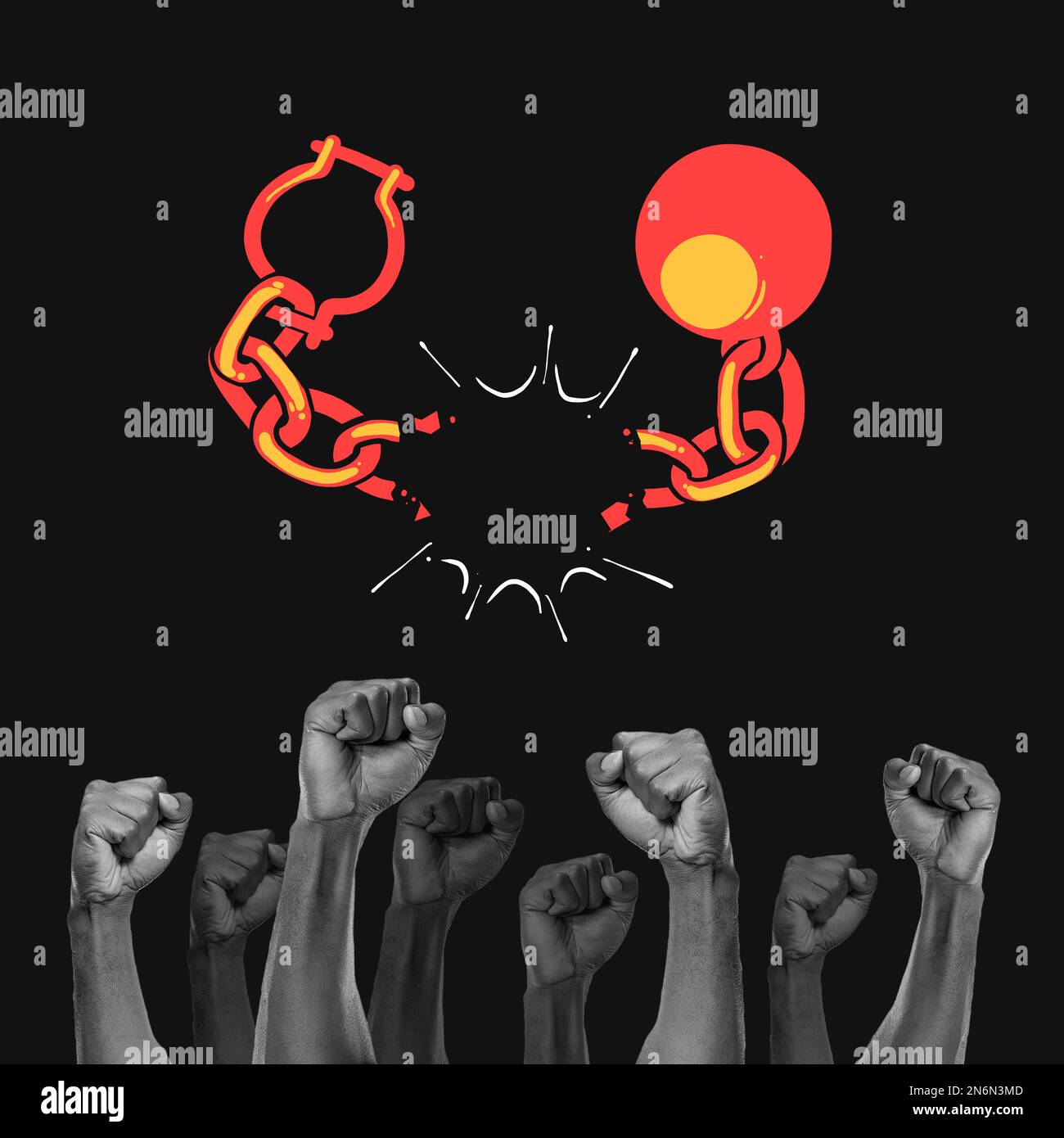Breaking slave chains. Human hands with fists up over black background ...