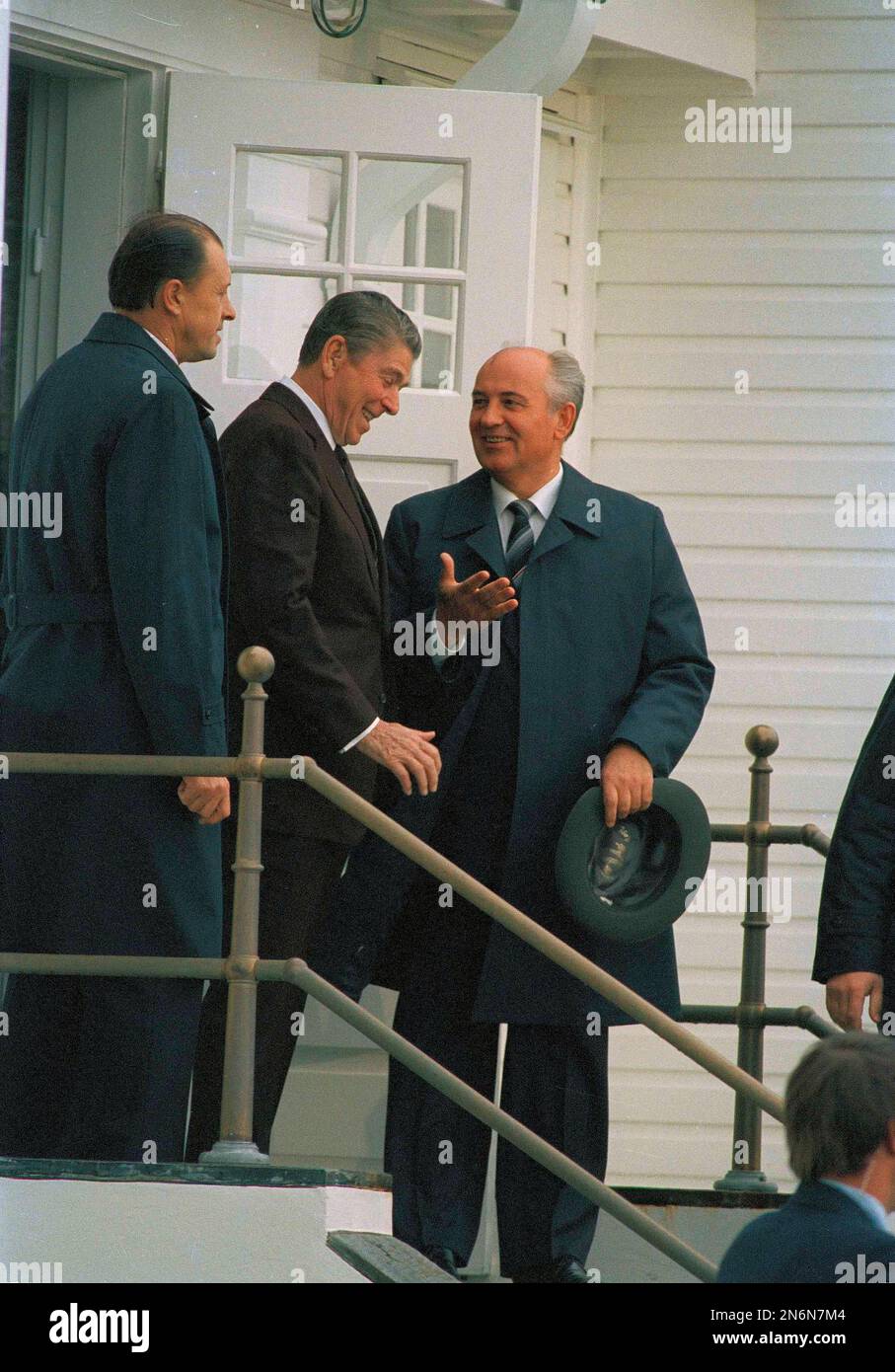 U.S. President Ronald Reagan and Soviet leader Mikhail Gorbachev talk ...