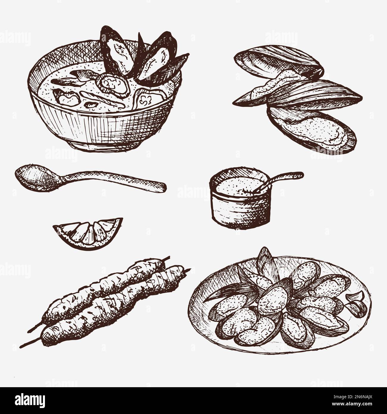 Vector vintage mussel set drawing. Hand-drawn mussel. Vector ...