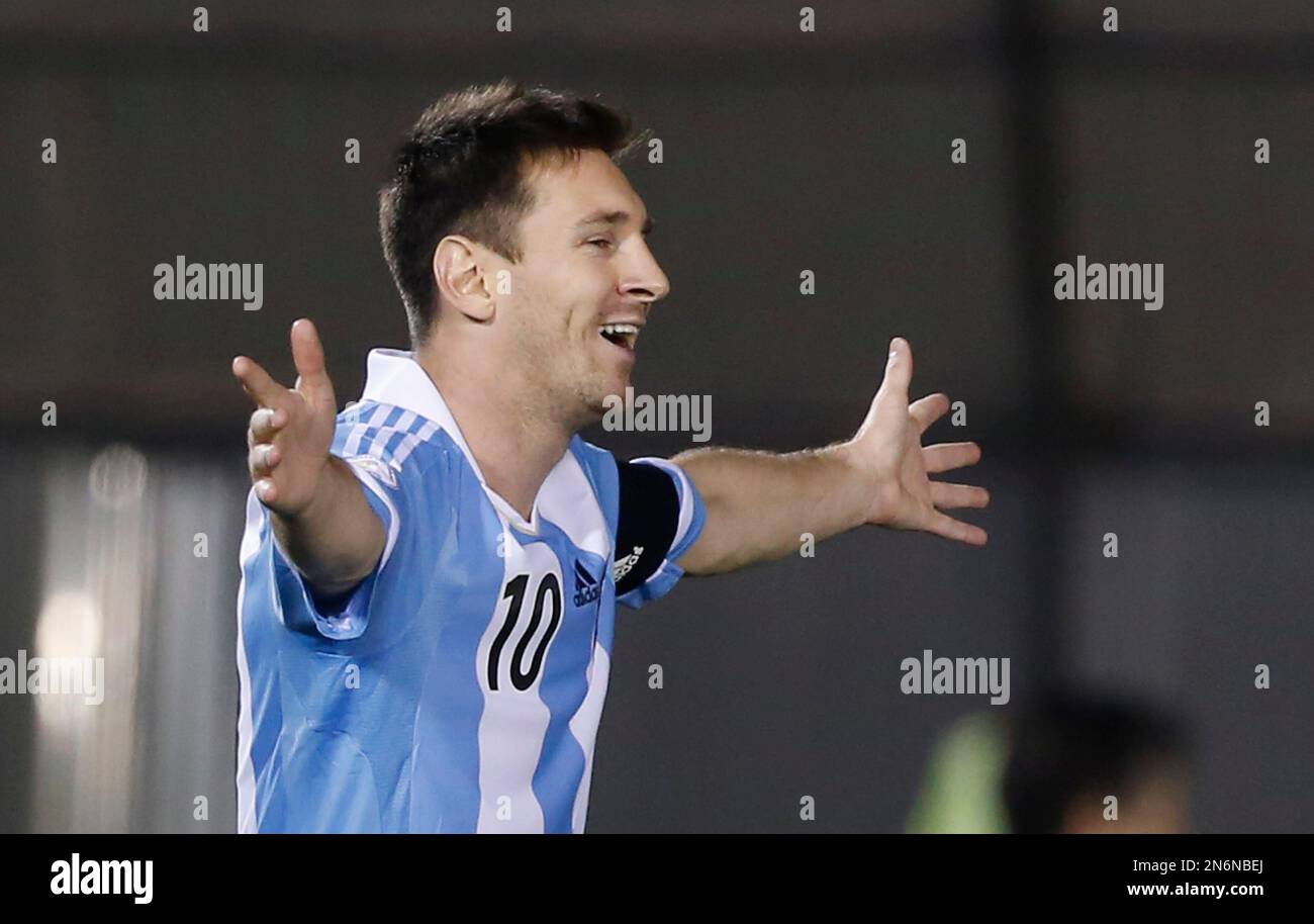 Argentina's Lionel Messi celebrates after scoring against Paraguay ...