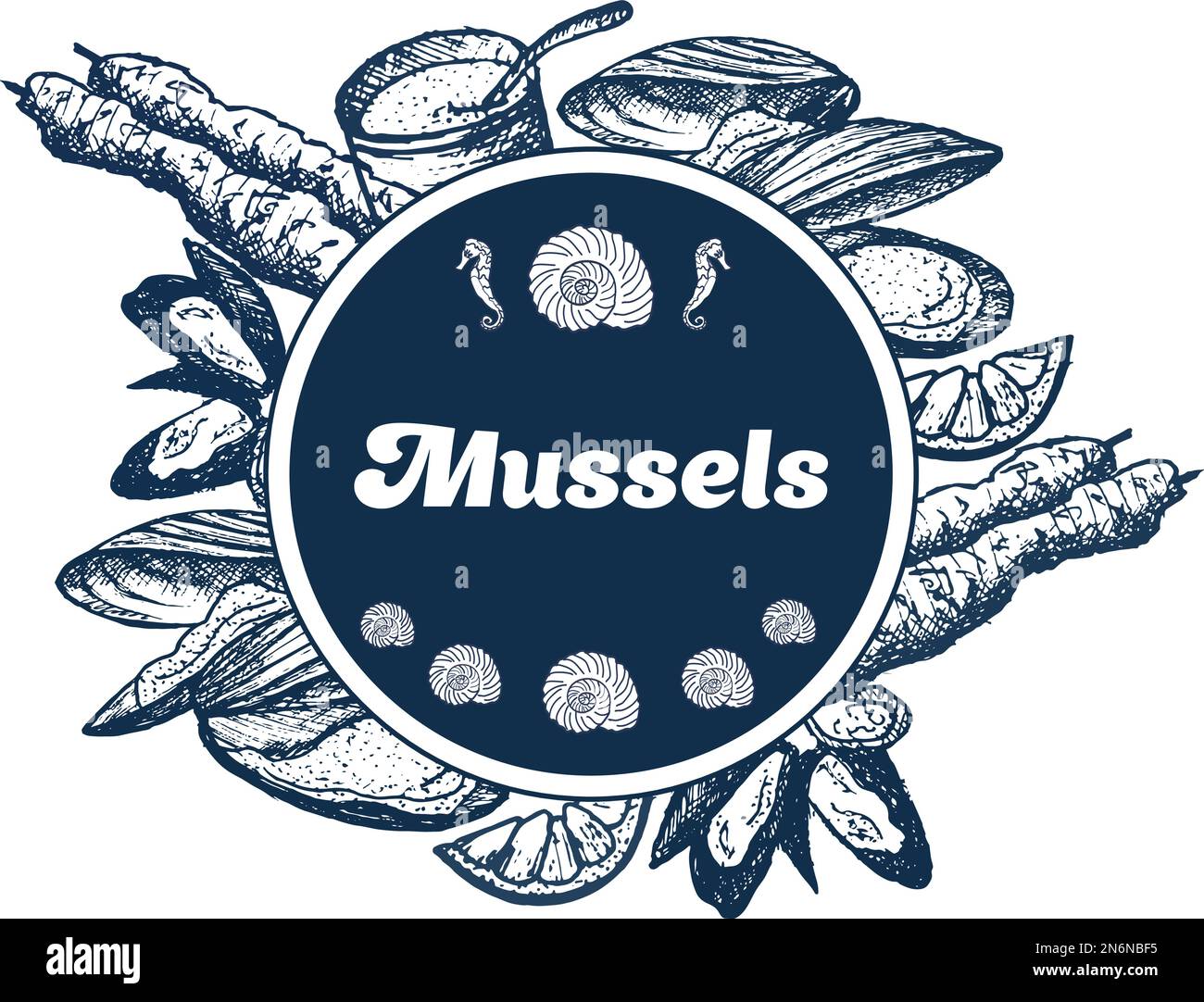 Hand drawn mussel. Vector vintage mussel on white background Stock ...