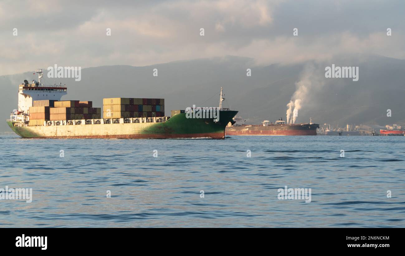Merchant ship. Container cargo ship. Shipping, import- export in ...