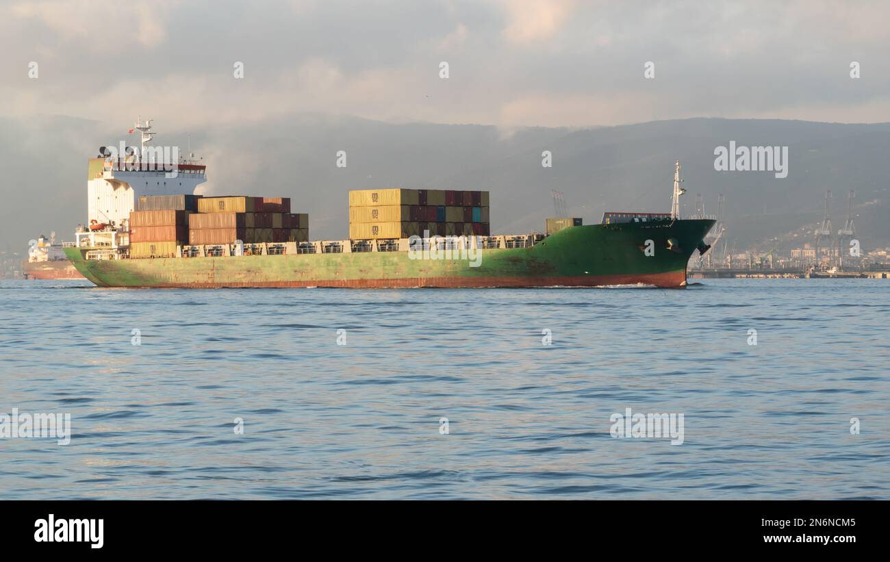 Merchant ship. Container cargo ship. Shipping, import- export in ...