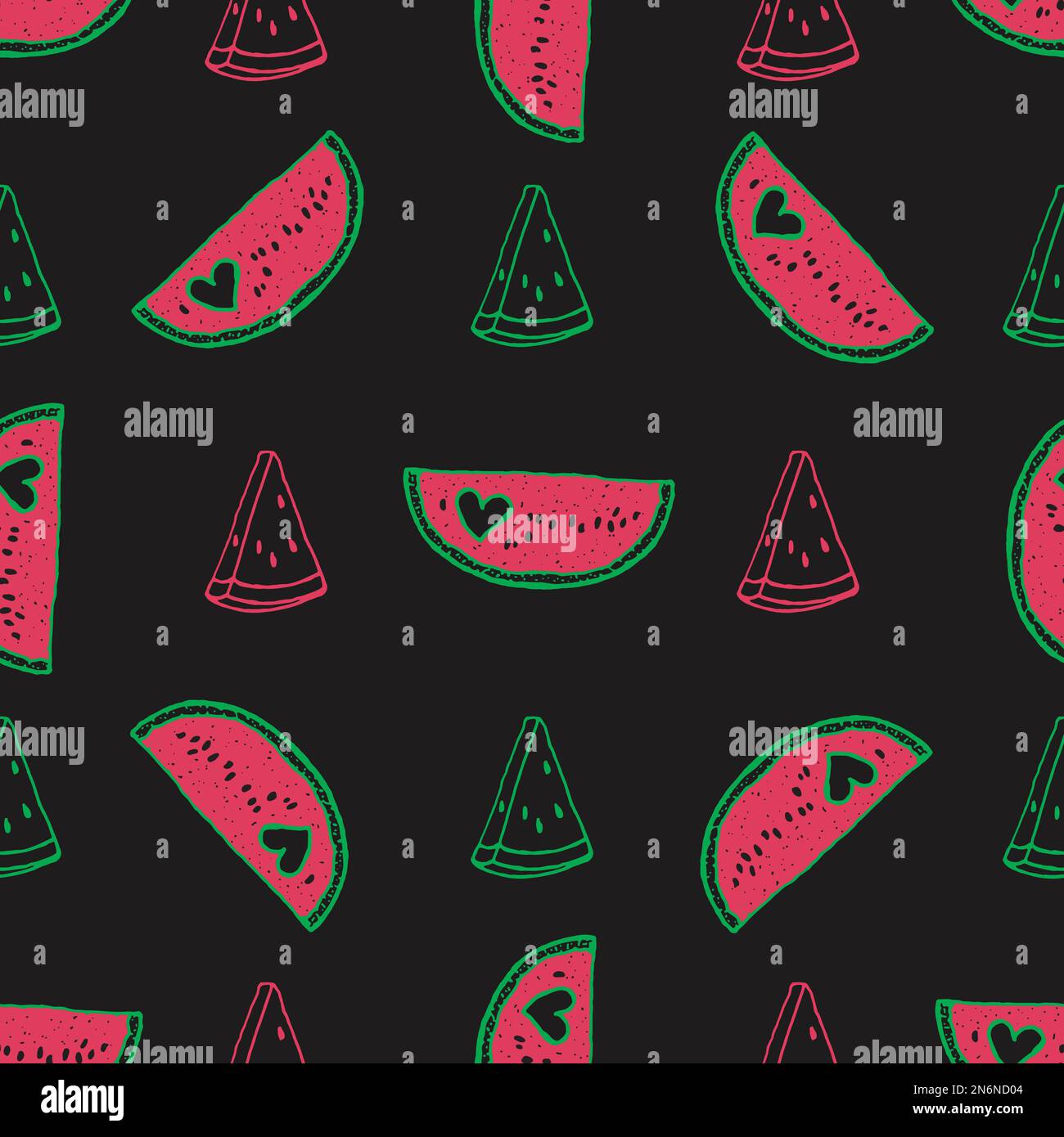 Vector seamless pattern with doodle hand drawn watermelons on black ...