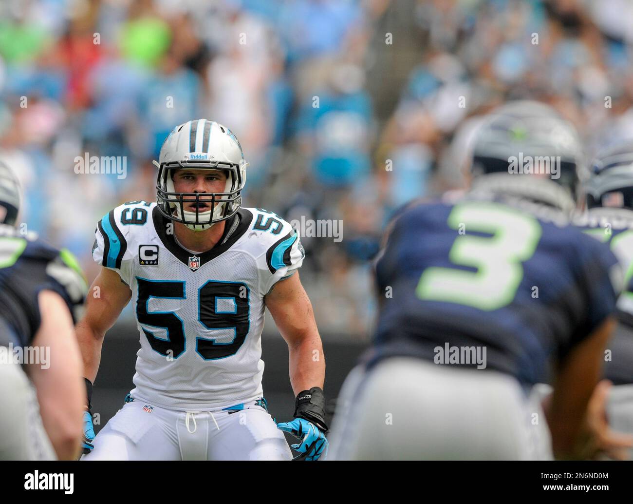 Carolina Panthers middle linebacker Luke Kuechly (59) looks over the ...