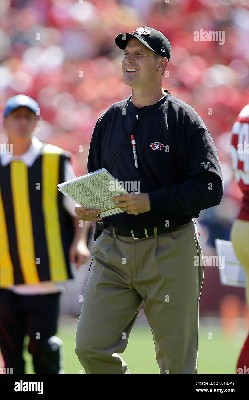 San Francisco 49ers head coach Jim Harbaugh reacts from the sidelines ...
