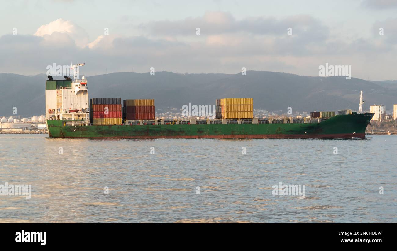 Merchant ship. Container cargo ship. Shipping, import- export in ...