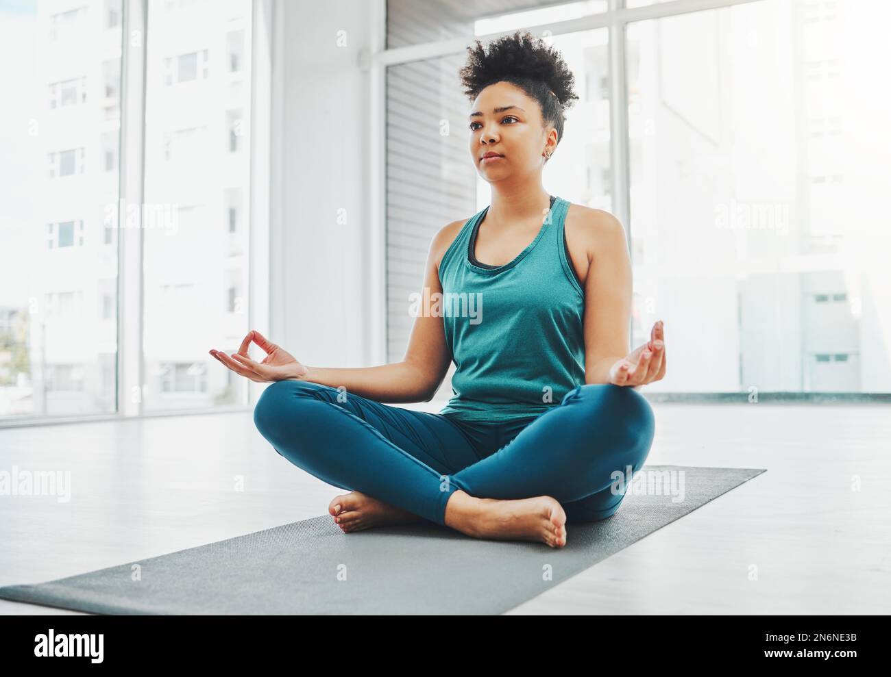 Yoga, black woman and meditation with lotus exercise for fitness, peace ...