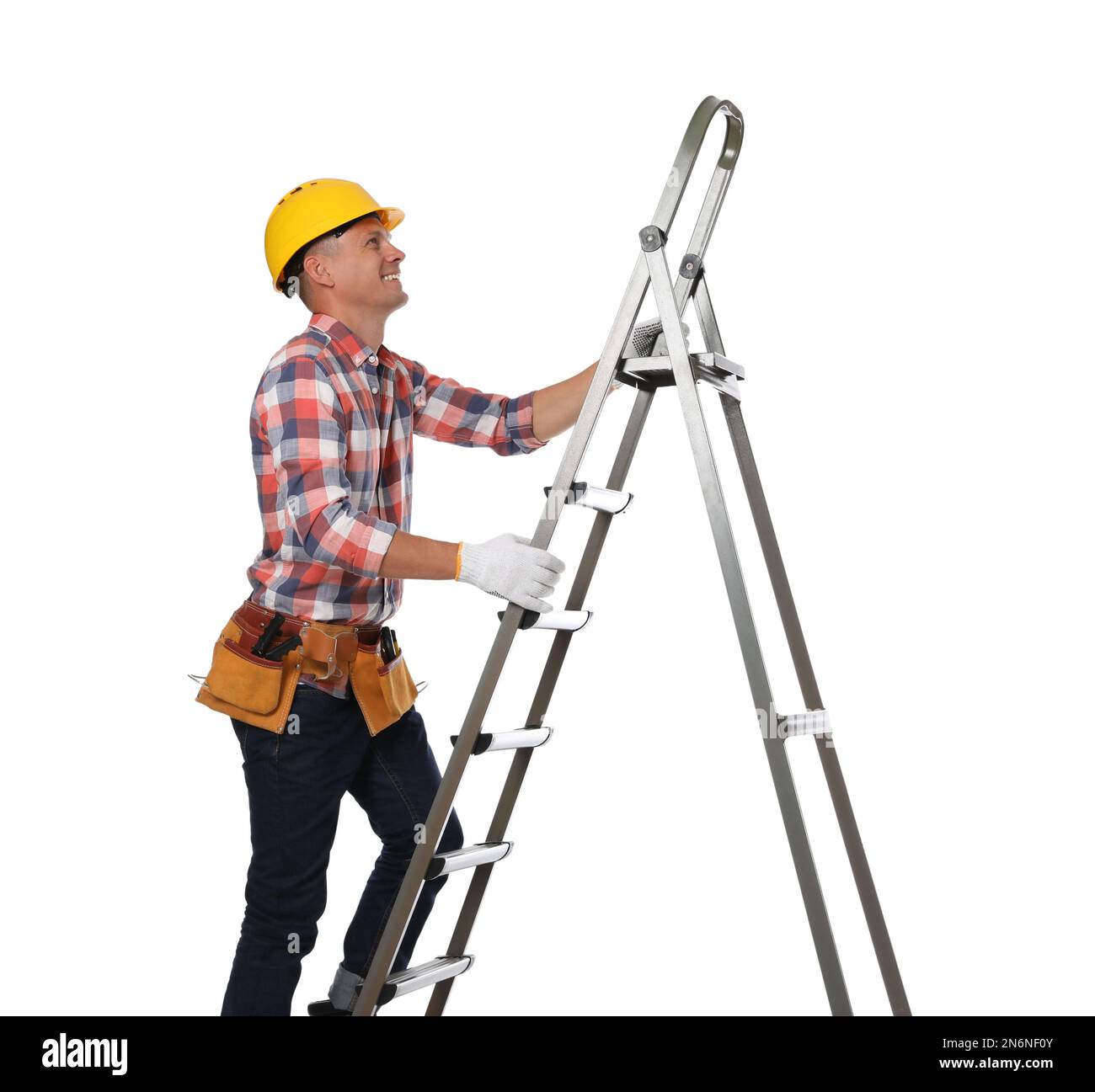 Professional constructor climbing ladder on white background Stock ...