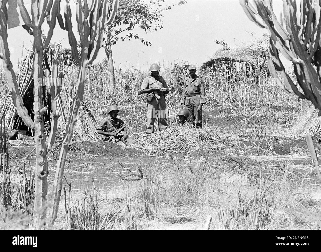Ethiopian soldiers armed with Communist-made AK-47 assault rifles, man a position in the front ...