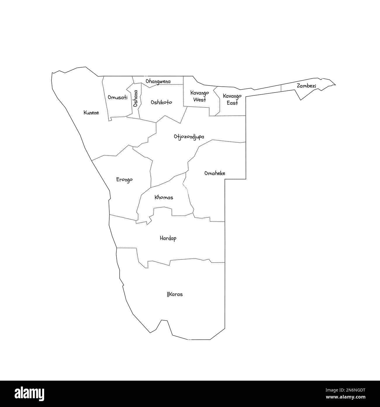 Namibia political map of administrative divisions - regions. Handdrawn ...