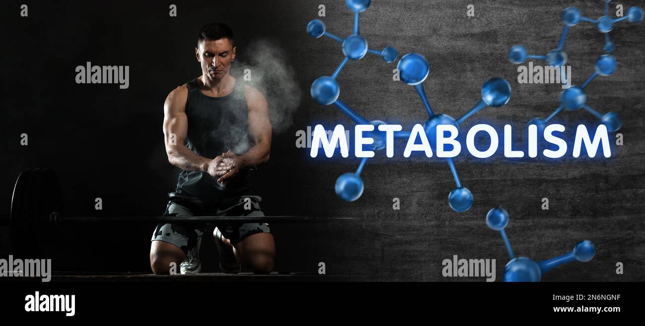 Metabolism concept. Molecular chain illustration and strong man ...