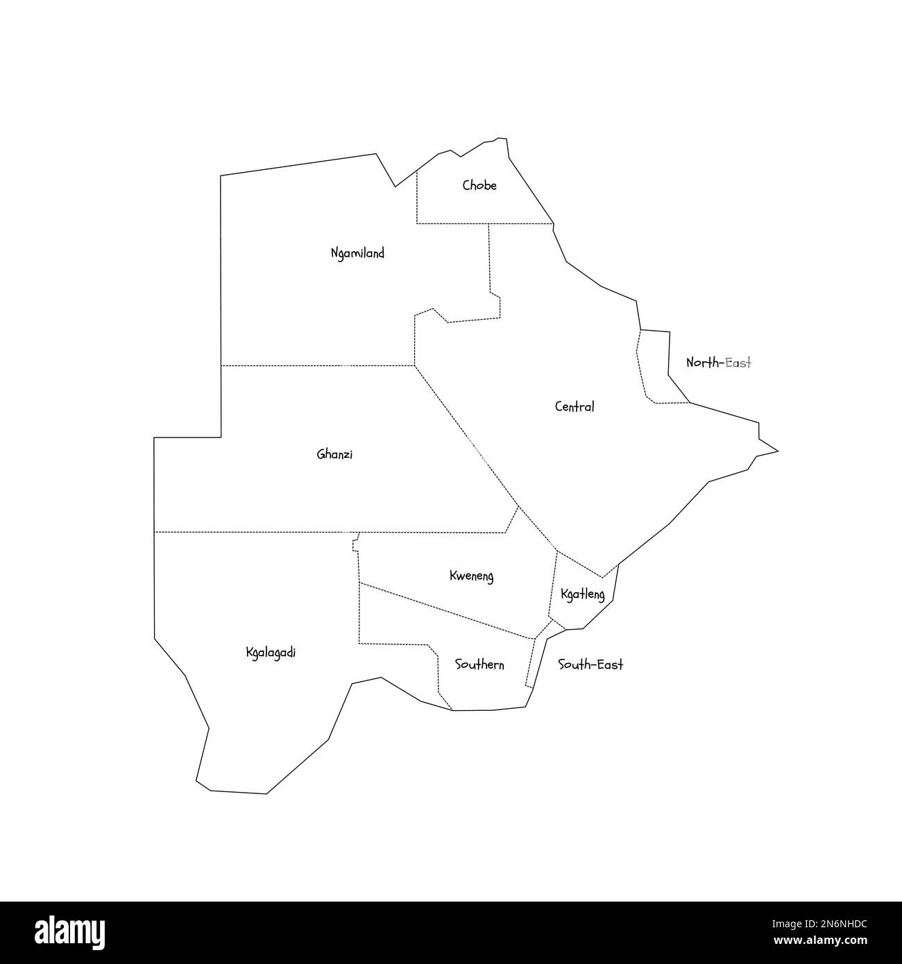 Botswana political map of administrative divisions - rural and urban districts. Handdrawn doodle ...