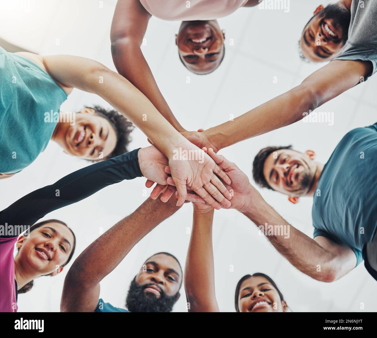 Fitness group, hands of people portrait from bottom together with ...