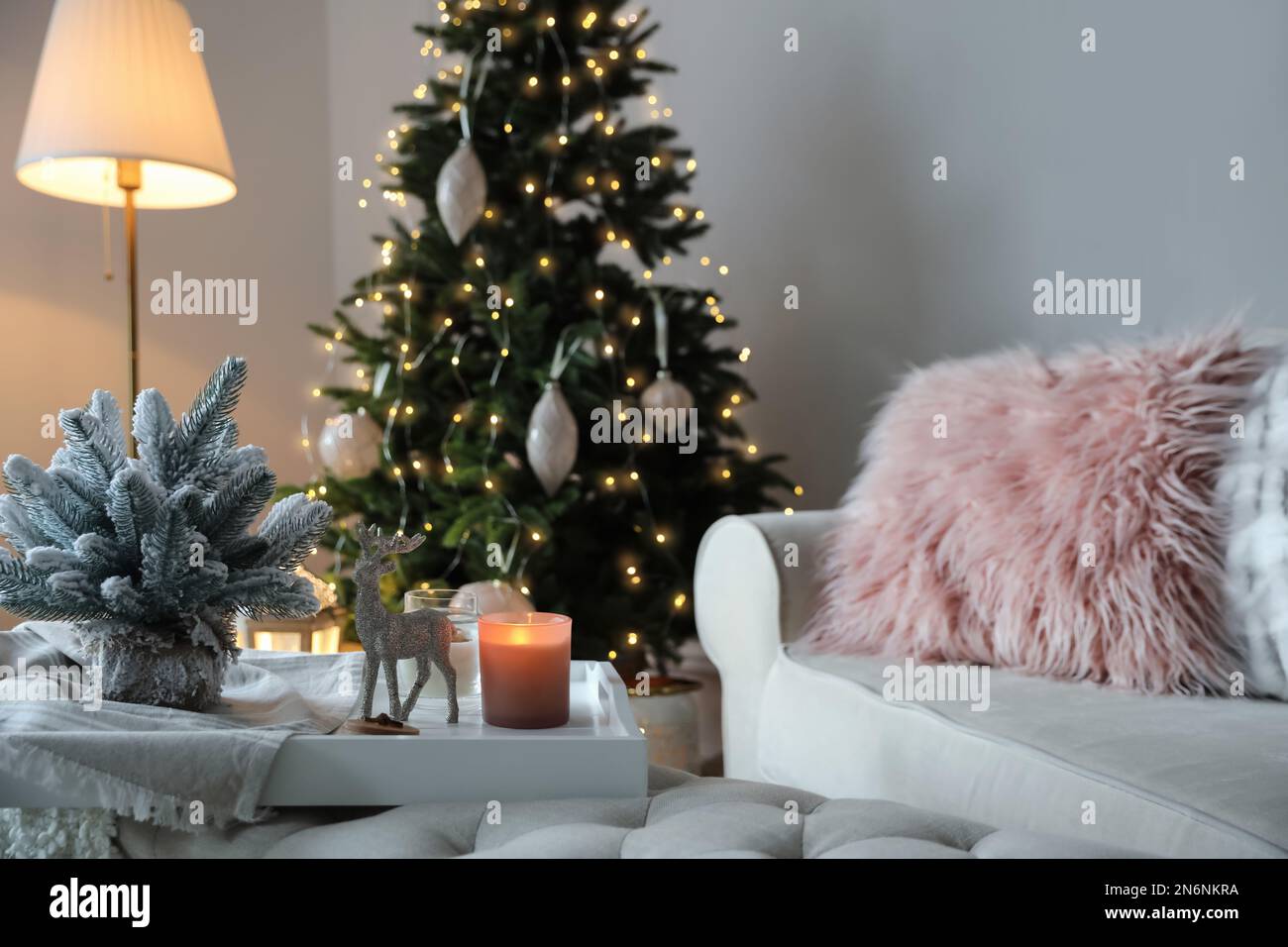 Beautiful Christmas tree in living room. Interior design Stock Photo ...