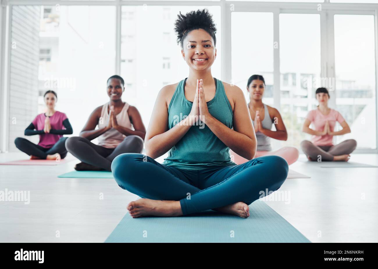 Black woman, yoga portrait and meditation with zen exercise for fitness ...