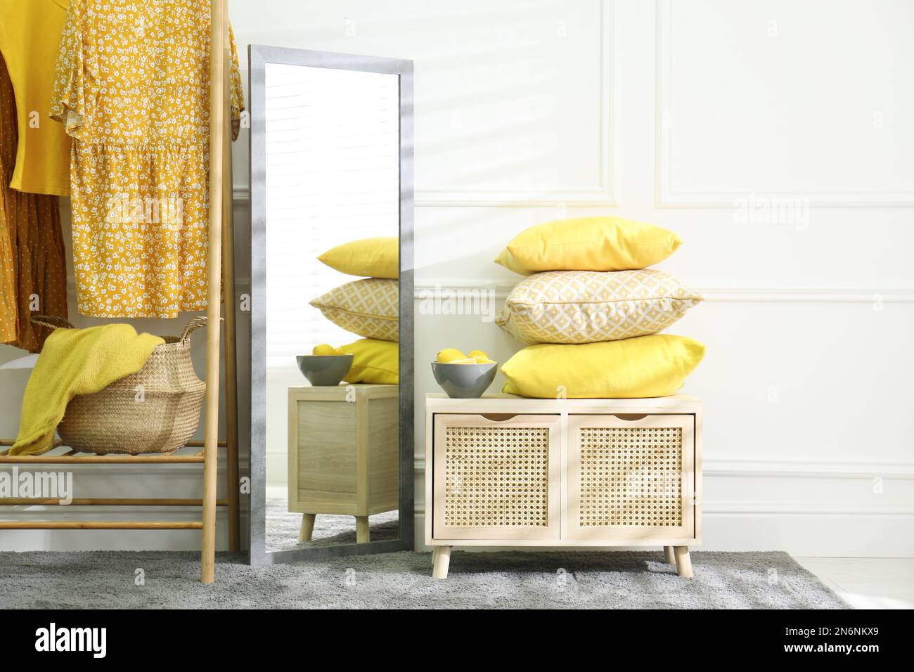 Stylish dressing room with big mirror. Interior design in grey and ...