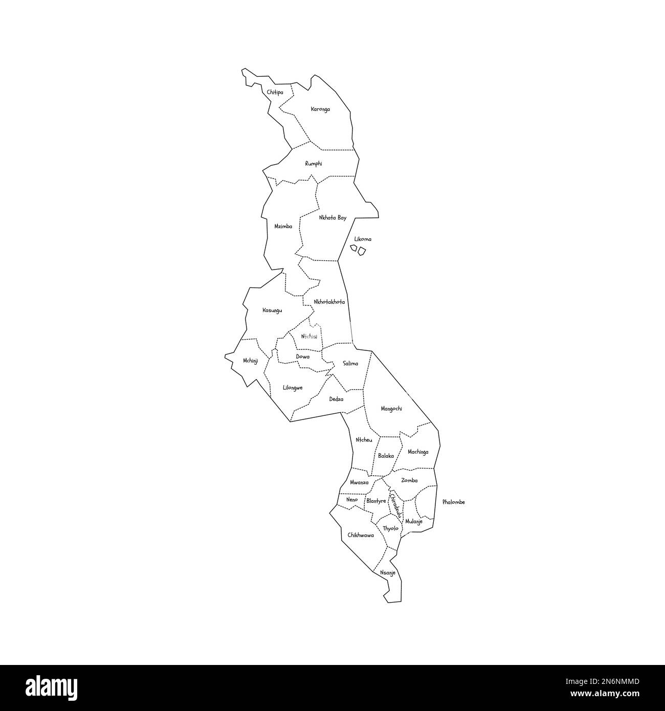 Malawi political map of administrative divisions - districts. Handdrawn ...