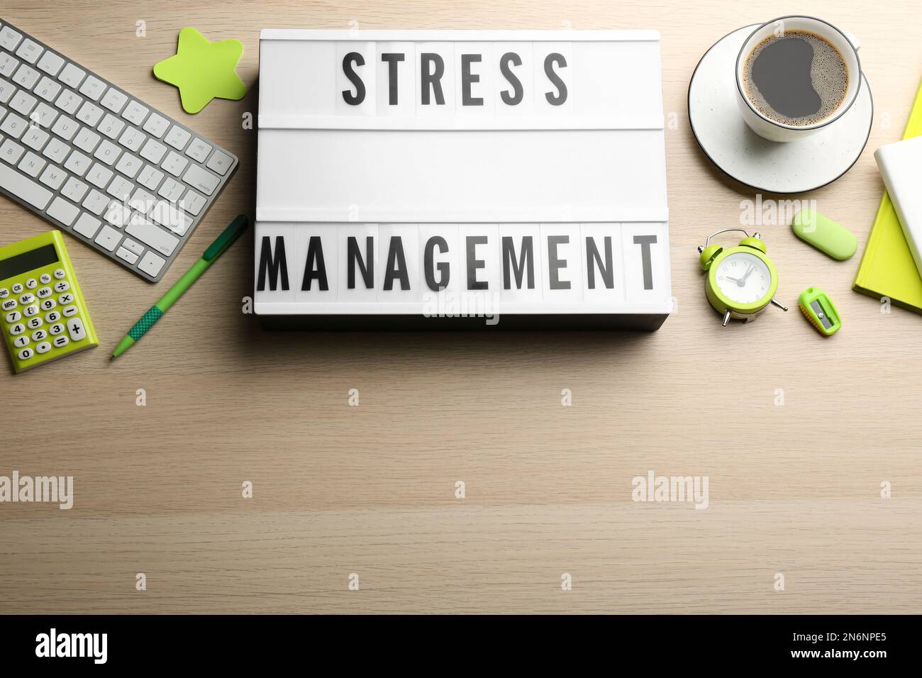 Flat lay composition of lightbox with phrase Stress Management on ...