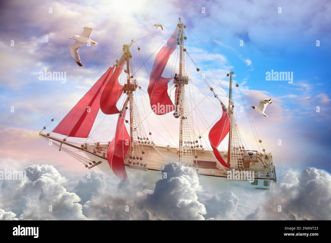 Dream world. Sailing ship floating among wonderful fluffy clouds Stock ...