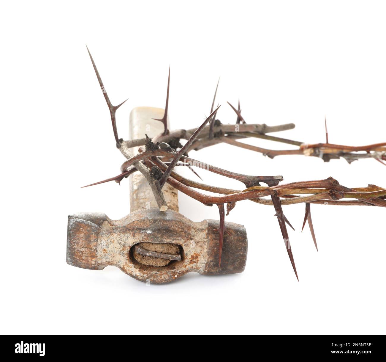 Crown of thorns and hammer on white background. Easter attributes Stock ...