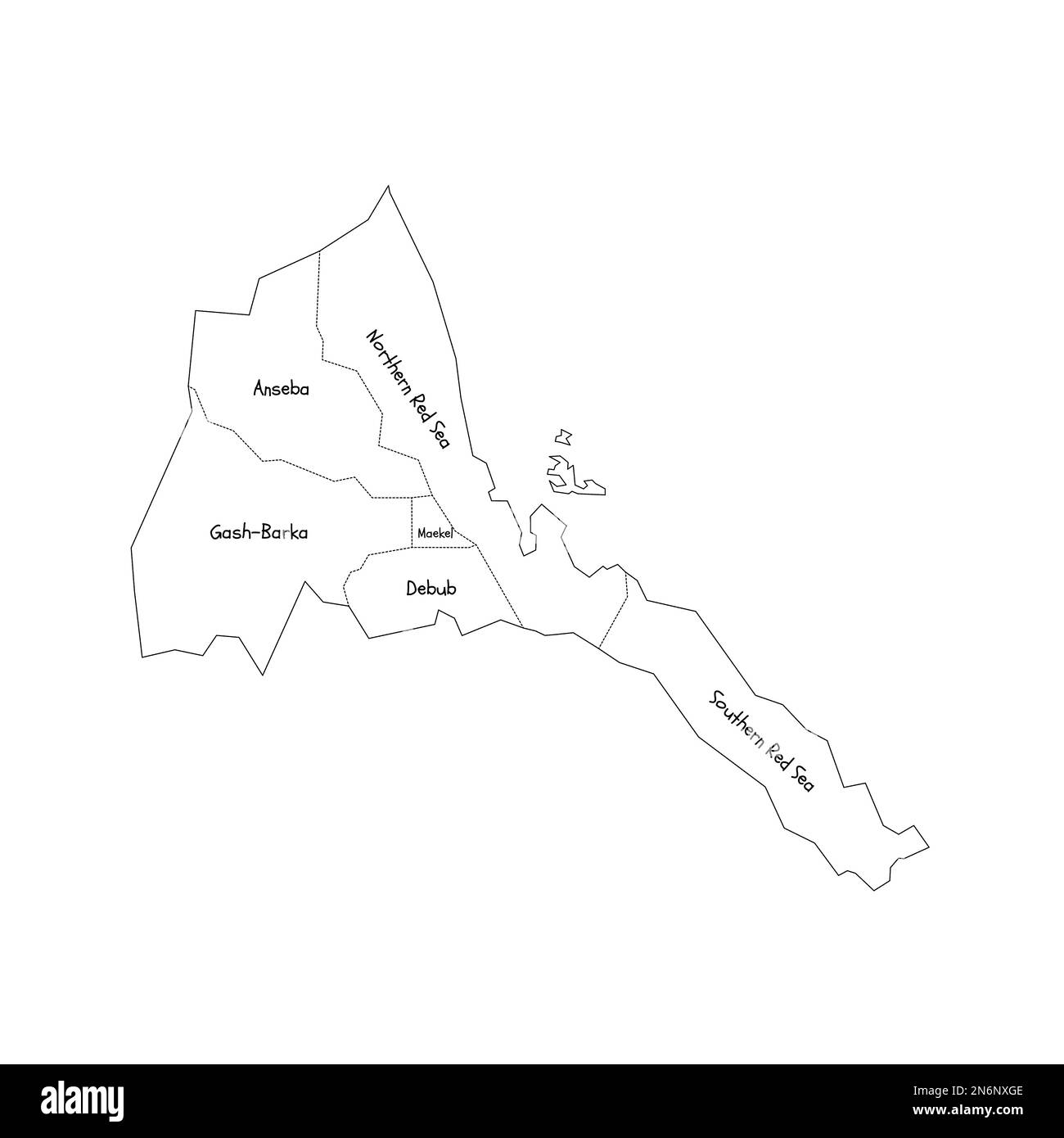 Eritrea political map of administrative divisions - regions. Handdrawn doodle style map with ...