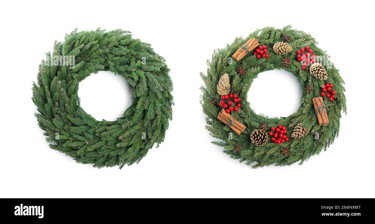 Beautiful Christmas wreaths on white background, banner design Stock ...