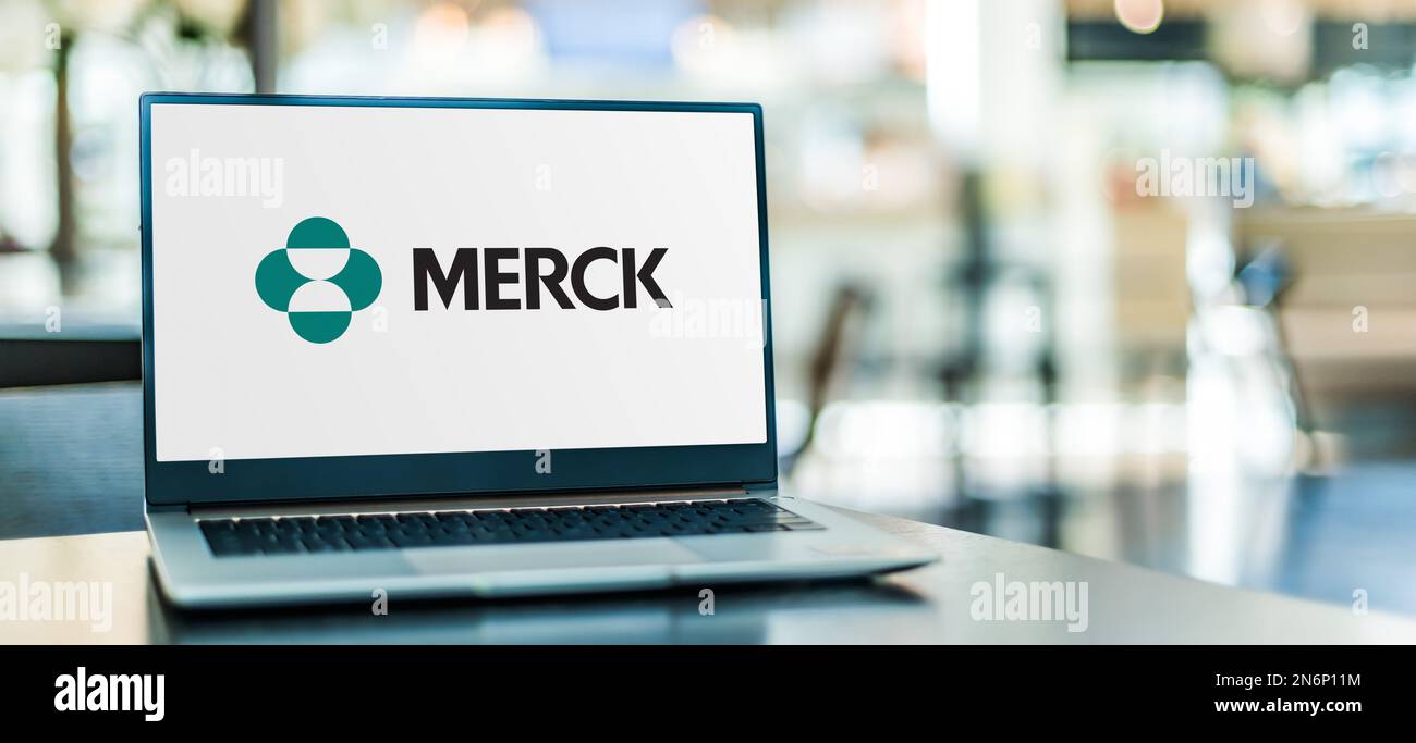 POZNAN, POL - OCT 28, 2022: Laptop computer displaying logo of Merck, a ...