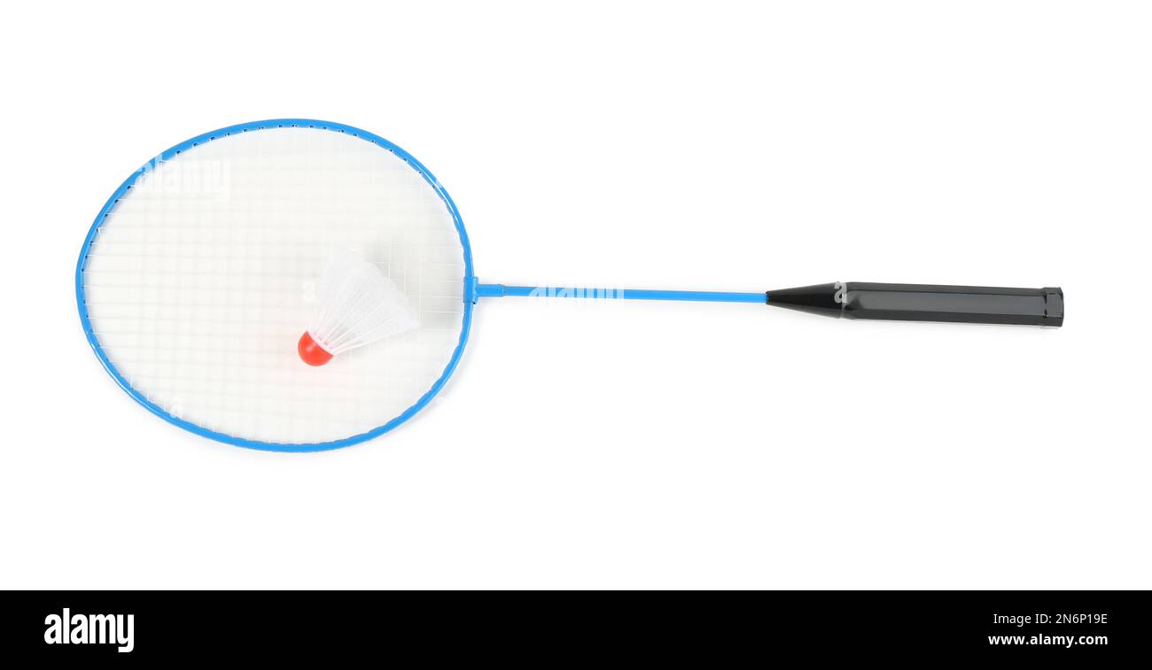 Racket and shuttlecock on white background, top view. Badminton ...