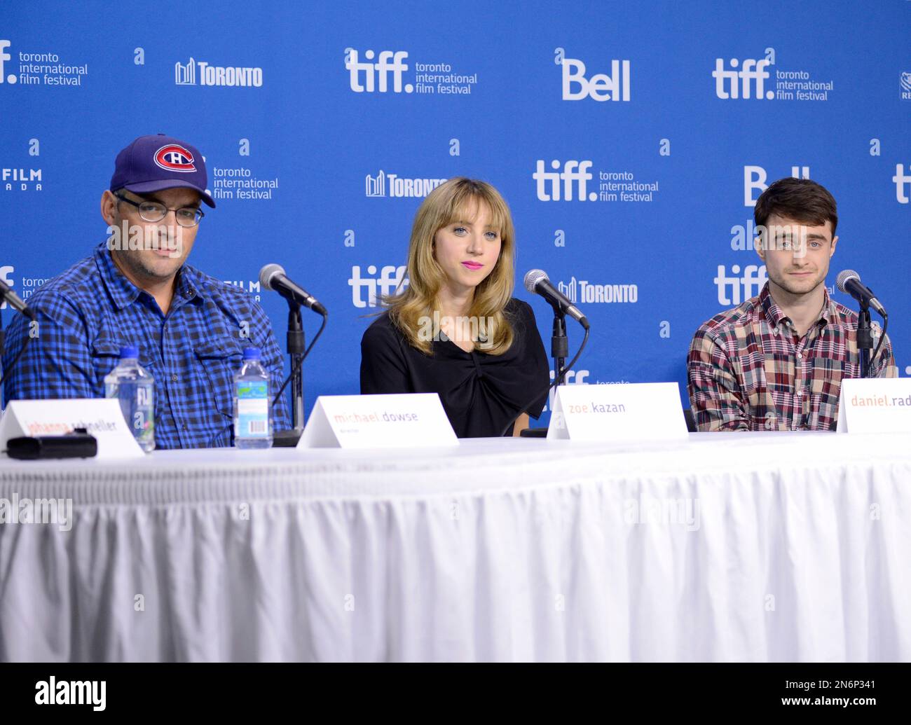 From left, Michael Dowse, Zoe Kazan, and Daniel Radcliffe attend the ...