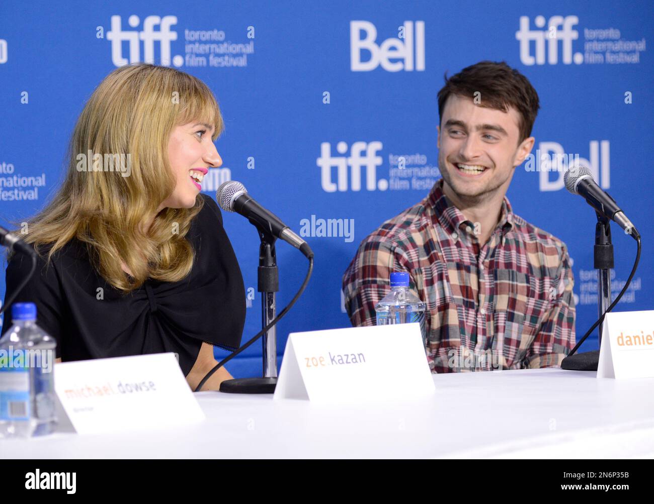 Zoe Kazan, left, and Daniel Radcliffe attend the press conference for ...
