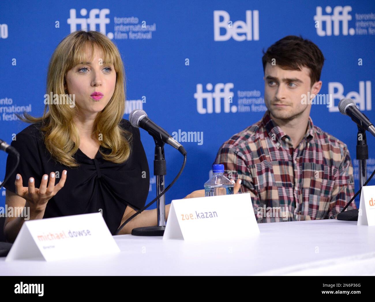 Zoe Kazan, left, and Daniel Radcliffe attend the press conference for ...