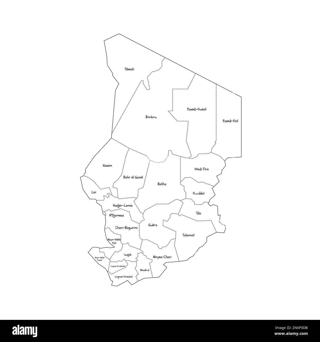 Chad political map of administrative divisions - regions. Handdrawn ...