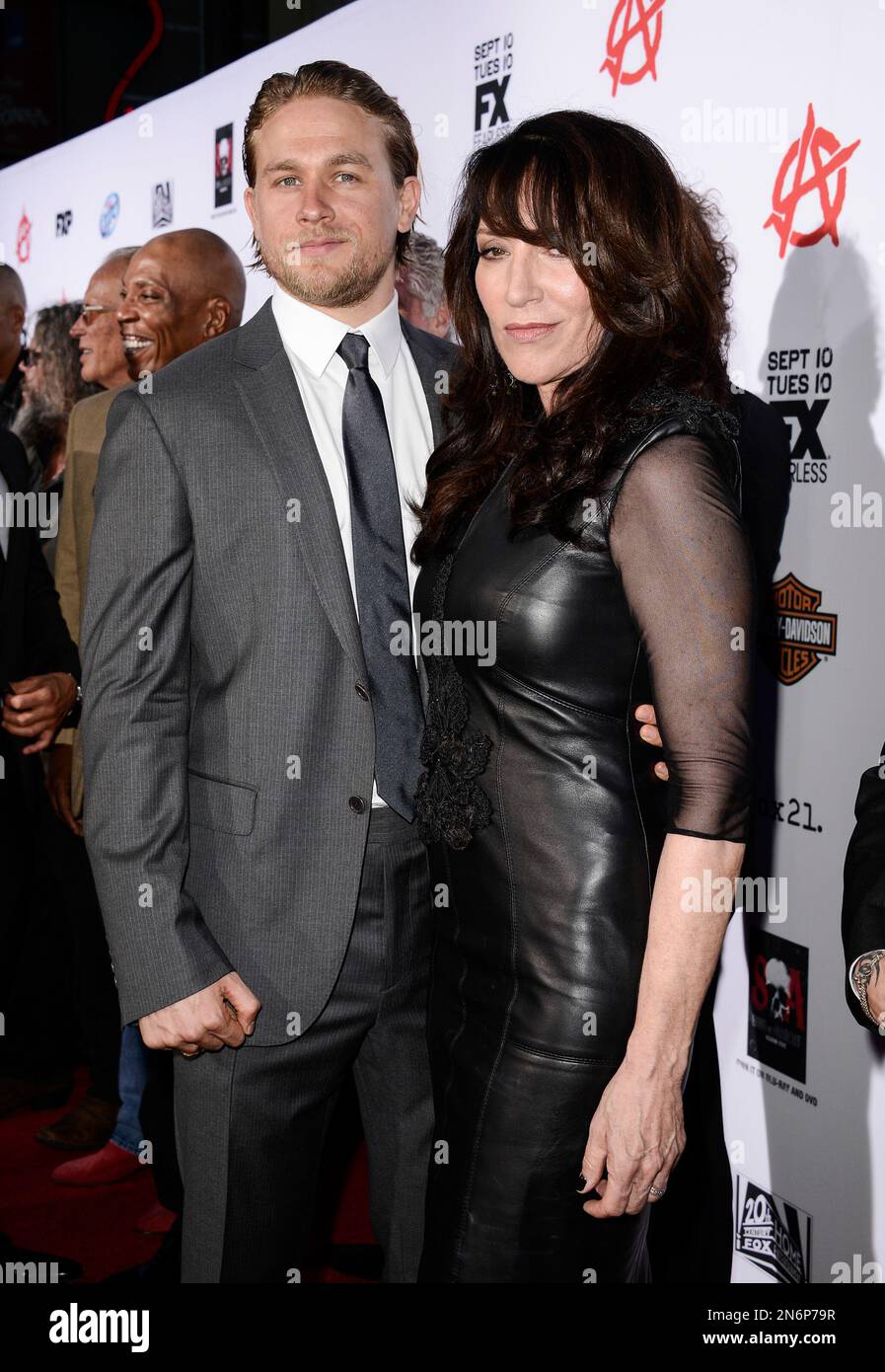 Actress Katey Sagal, right, and actor Charlie Hunnam arrive on the red carpet at the season six ...