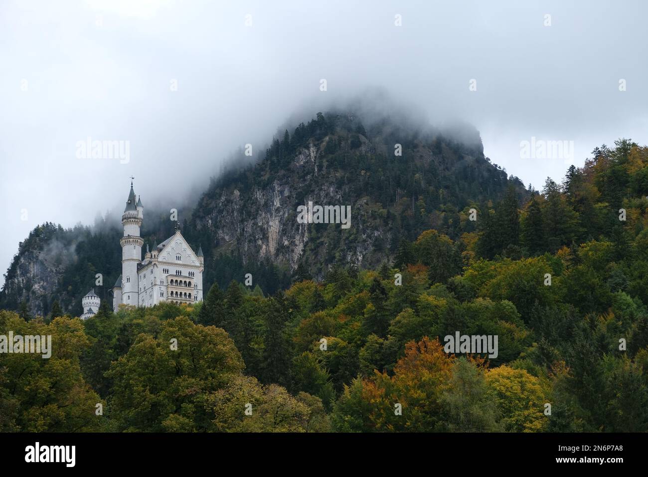 An aerial view of Neuschwanstein Castle against the cloudy sky Stock ...