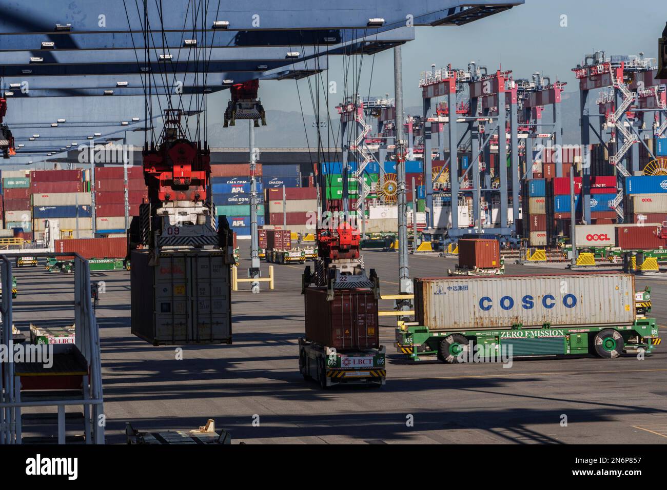 Large, active computer-controlled cargo cranes rapidly lift containers ...