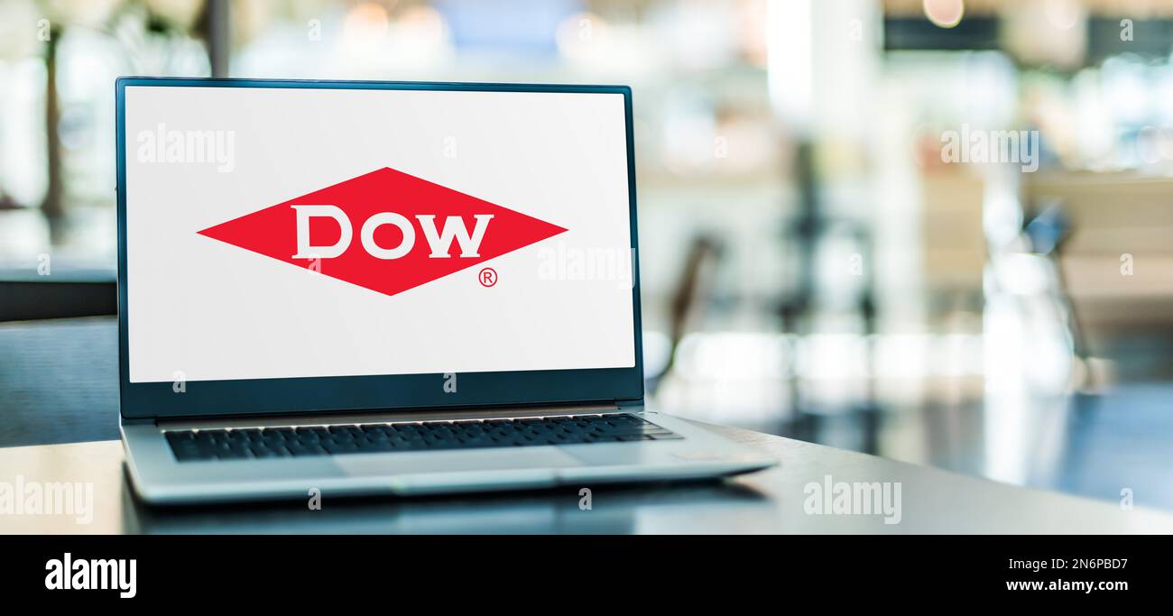 POZNAN, POL - DEC 28, 2022: Laptop computer displaying logo of Dow Inc ...