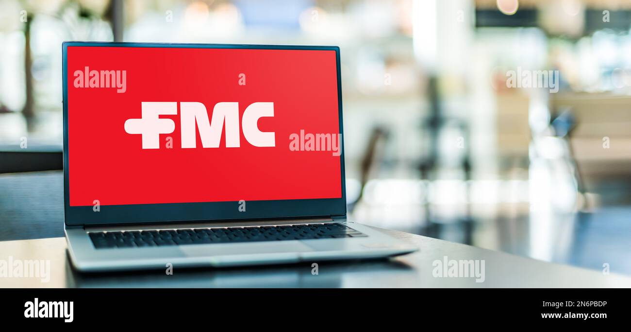 POZNAN, POL - DEC 28, 2022: Laptop computer displaying logo of FMC ...