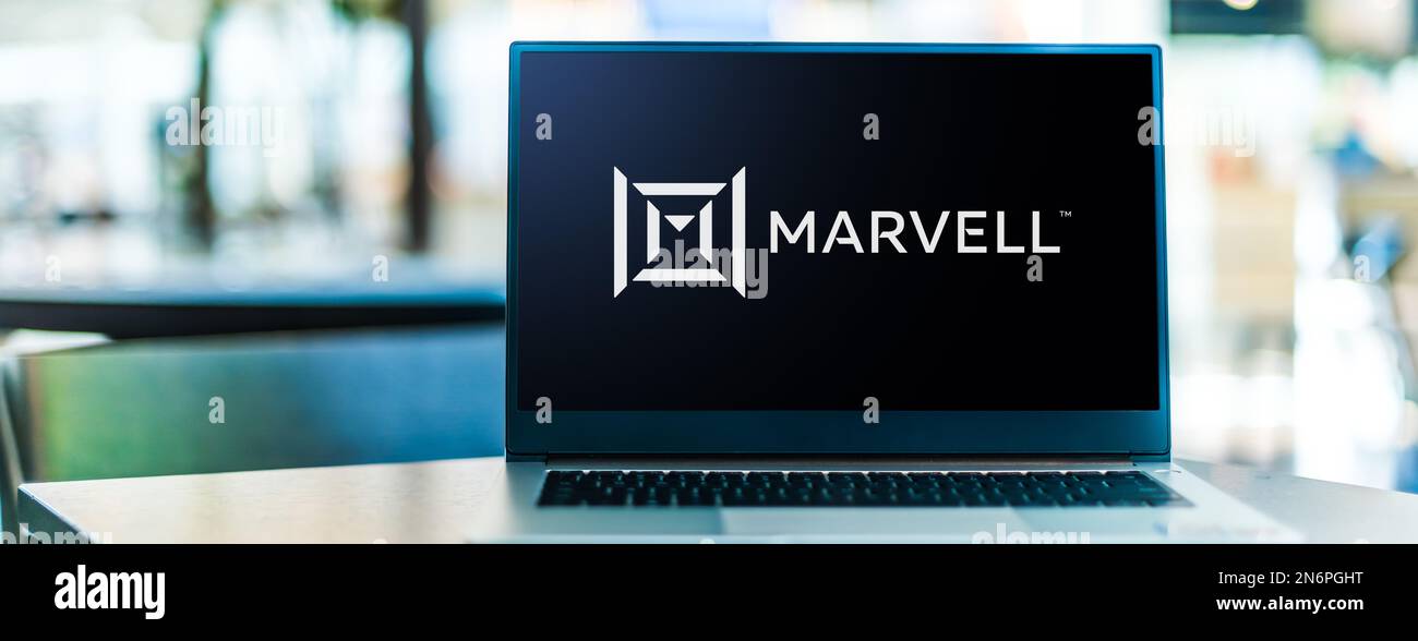 POZNAN, POL - AUG 2, 2022: Laptop computer displaying logo of Marvell ...