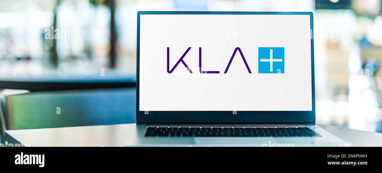 POZNAN, POL - AUG 2, 2022: Laptop computer displaying logo of KLA ...
